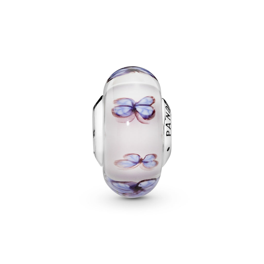 Butterfly silver charm with pink, purple and transparent Murano glass ...